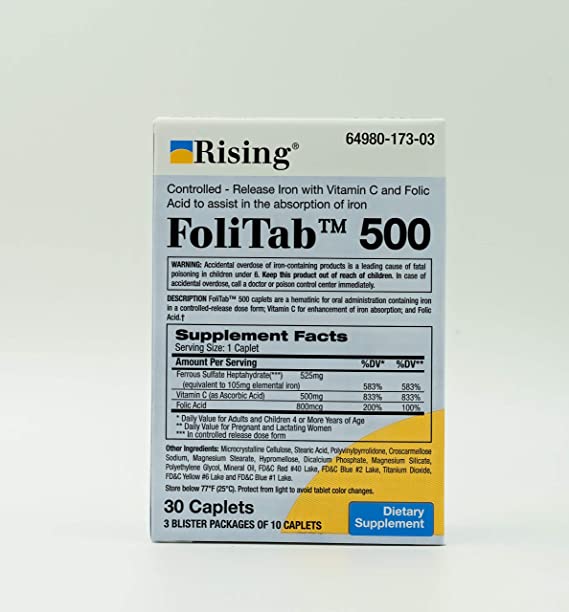 FoliTab 500 – Elemental Iron with Vitamin C and Folic Acid – 30 Caplets ...